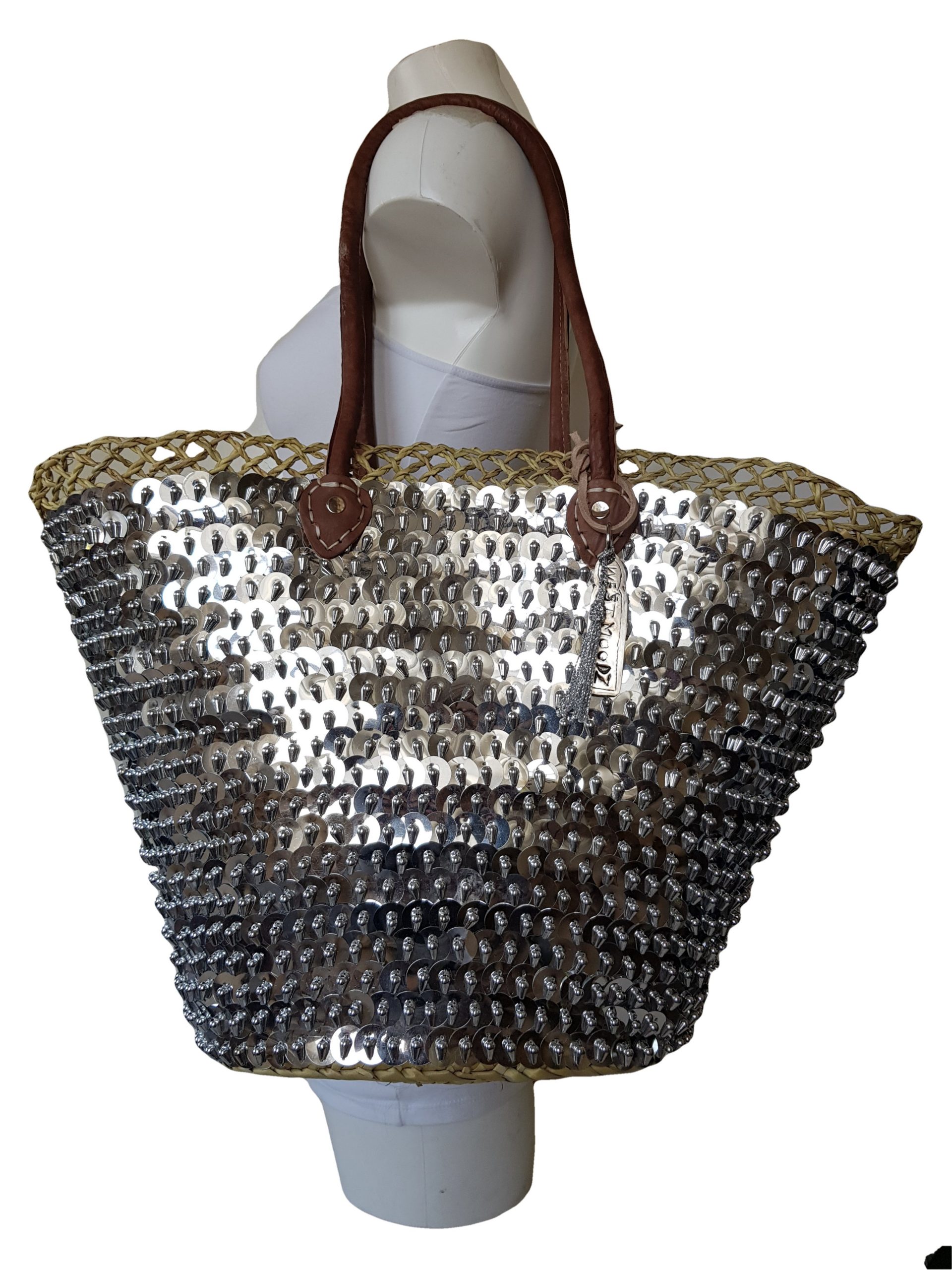 rieten strandtas zilver grote pailletten - Darcey&Dolls